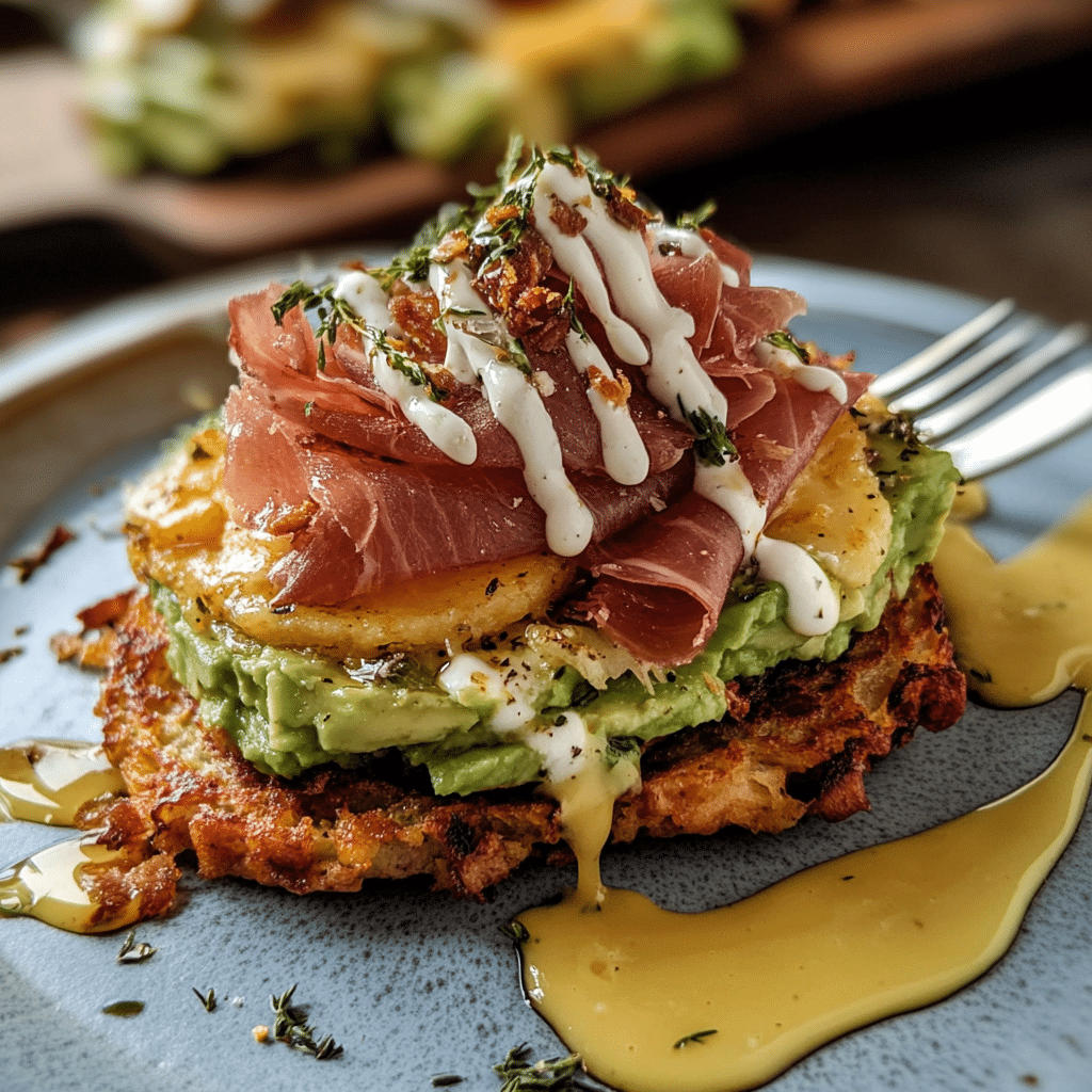 Hash Brown Avocado Toast with Lamb Prosciutto