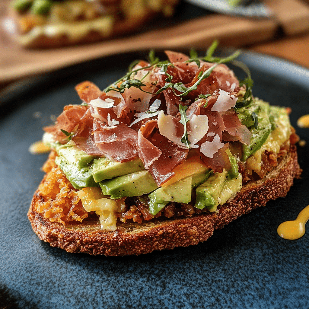 Hash Brown Avocado Toast with Lamb Prosciutto