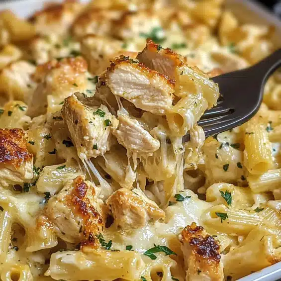 garlic parmesan chicken pasta bake - Crisp And Yum