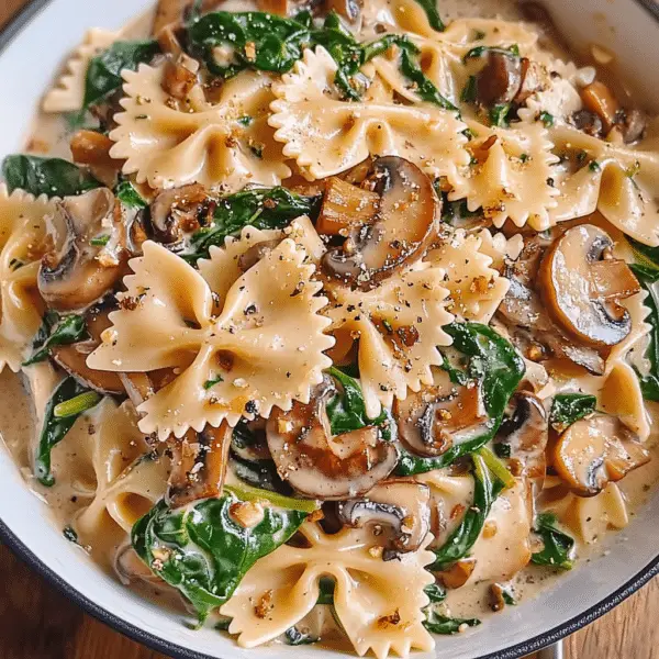 Creamy Bow Tie Pasta with Mushrooms, Spinach, and Caramelized Onions